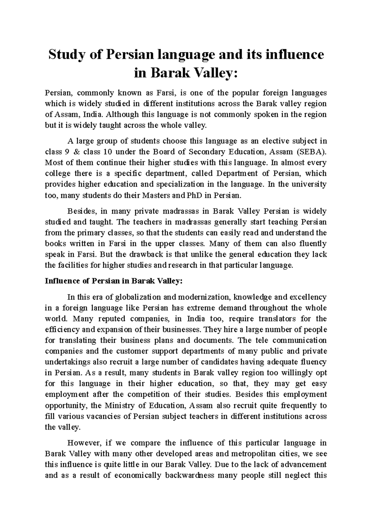 Study of Persian language and its influence in Barak Valley - History ...