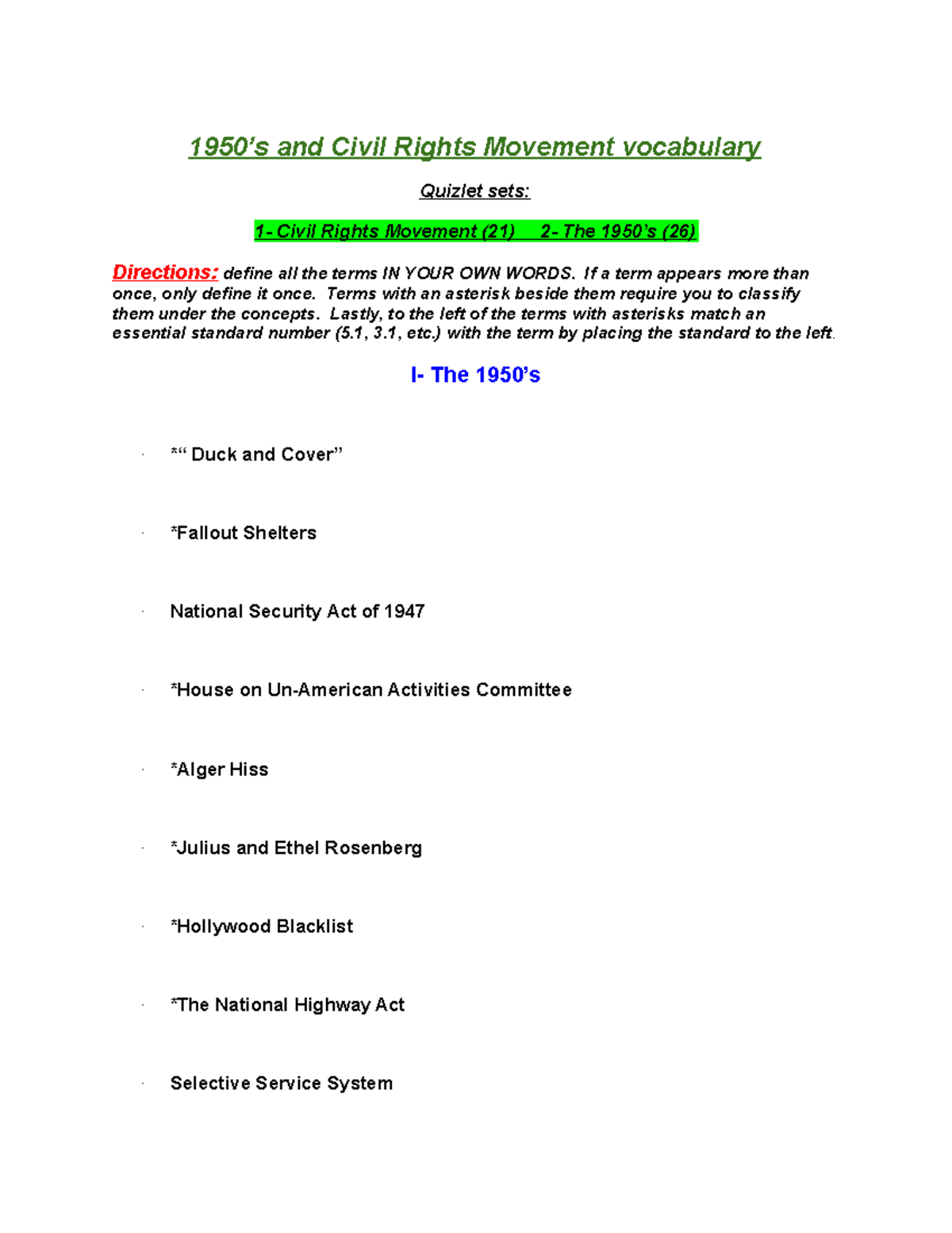 1950’s and Civil Rights Movement vocabulary - MATH 300 - CSU Channel ...