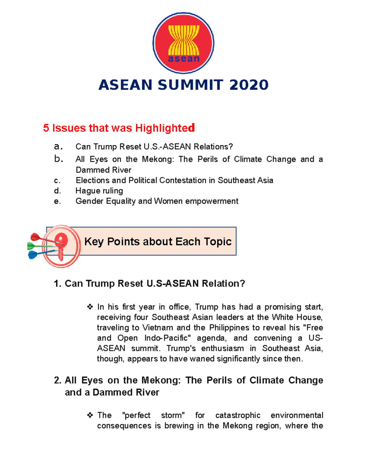 Asean Summit 2020 - .................. - ASEAN SUMMIT 2020 5 Issues ...