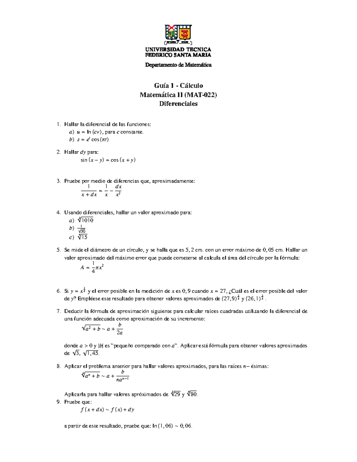Guía01 Cálculo - guia diferenciales - Gu ́ıa 1 - C ́alculo Matem ́atica II (MAT-022 ...