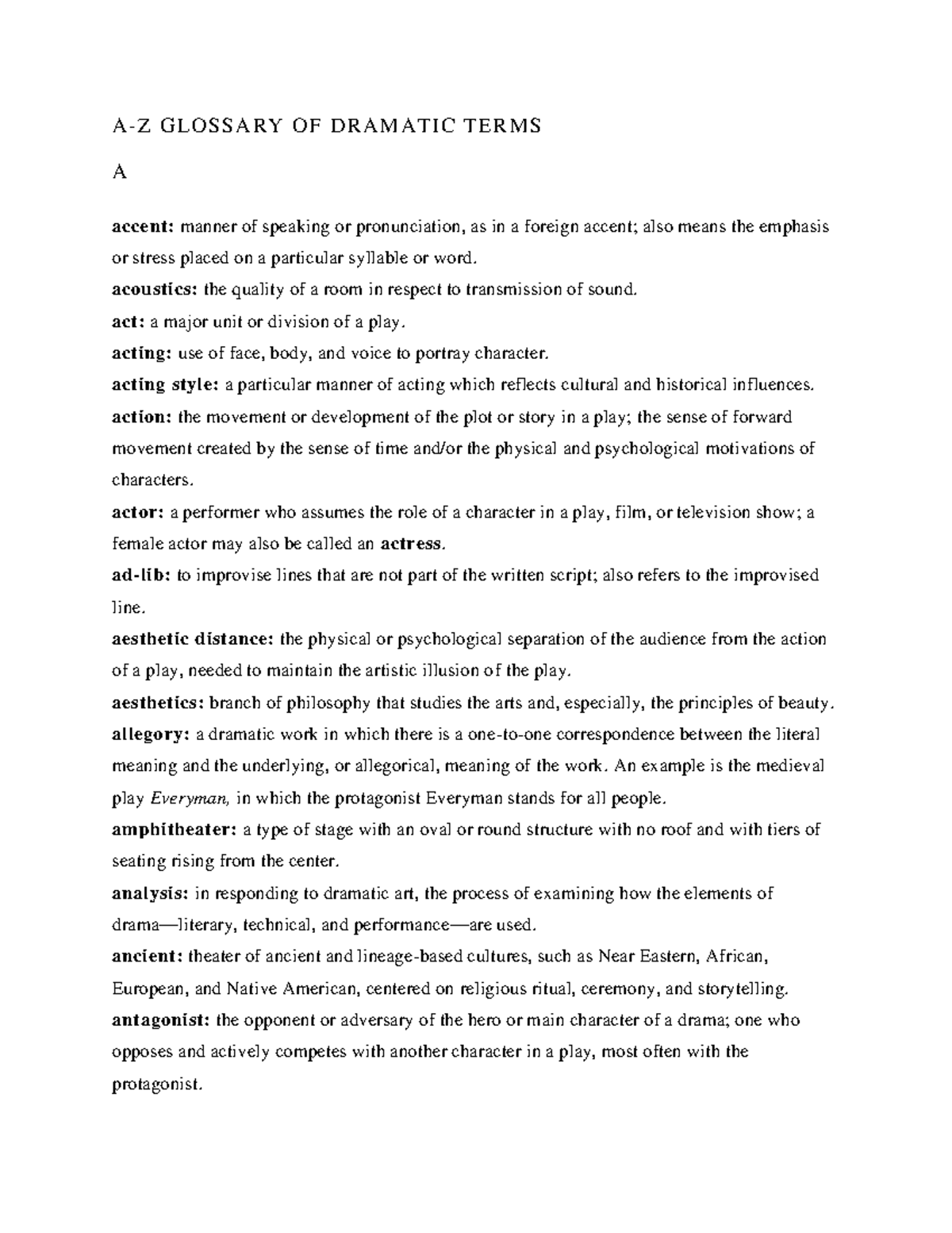 A-Z Glossary of Dramatic Terms- Student Edition - A-Z GLOSSARY OF ...