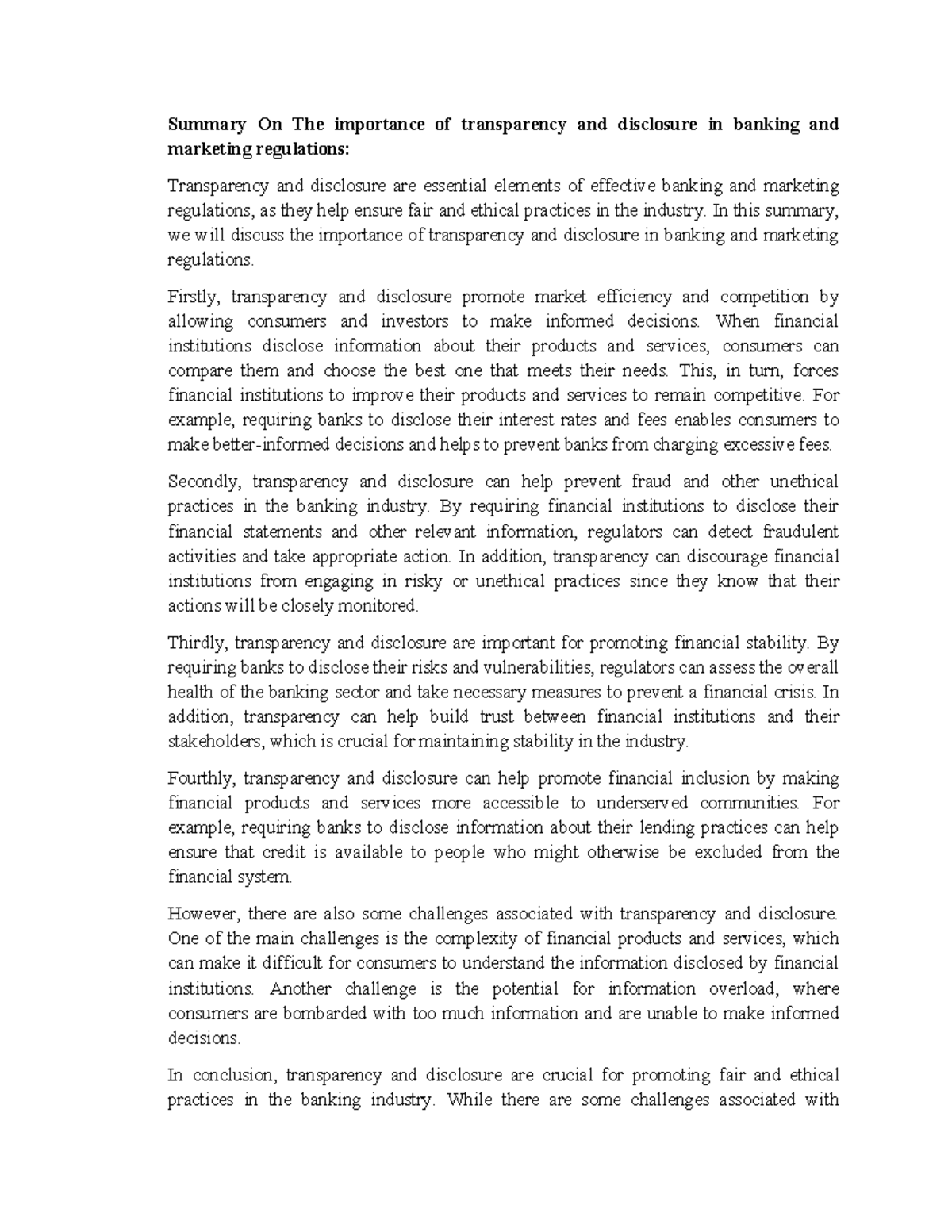 Summary On The importance of transparency and disclosure in banking and ...