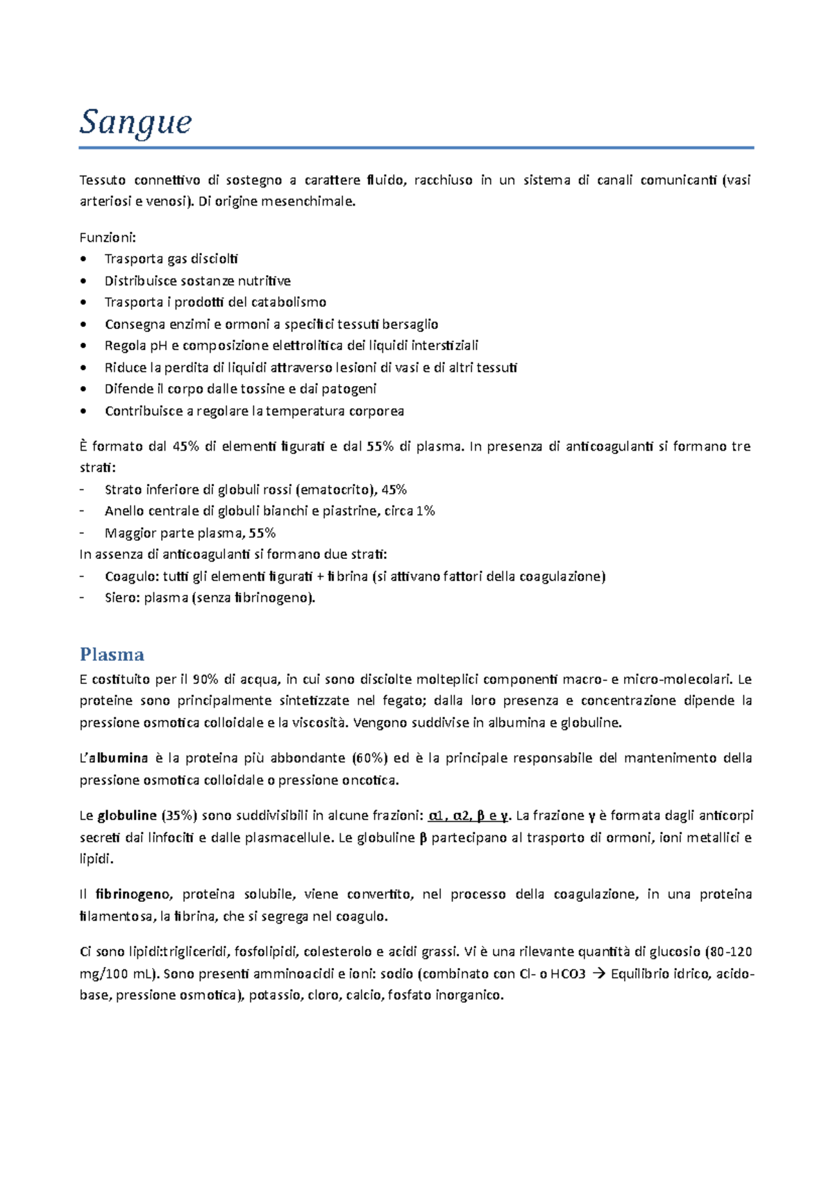 Sangue ed emopoiesi - Sangue Tessuto connettivo di sostegno a carattere ...