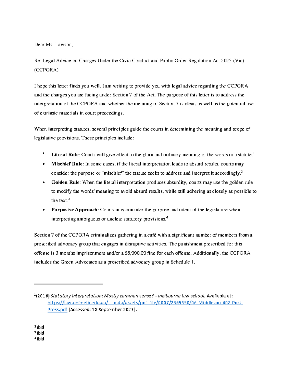 Letter of Advice - Dear Ms. Lawson, Re: Legal Advice on Charges Under ...