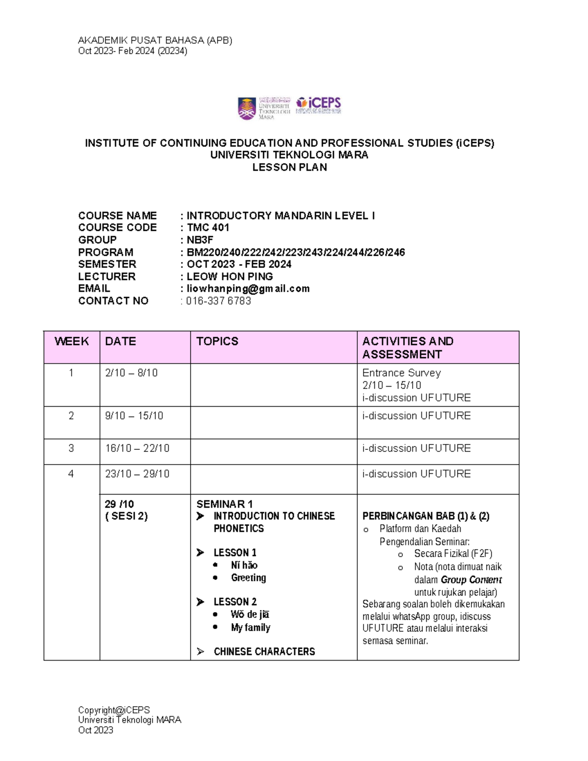 TMC401 Lesson PLAN FOR SEM Oct 2023- Feb 2024 Iceps NB3F - Oct 2023 ...