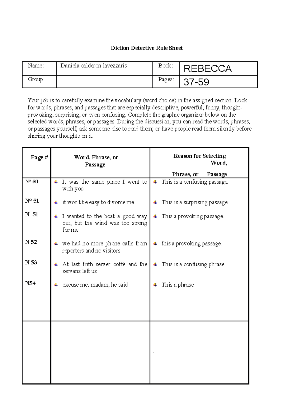 Reading Comprehension 2 - Diction Detective Role Sheet Name: Daniela ...
