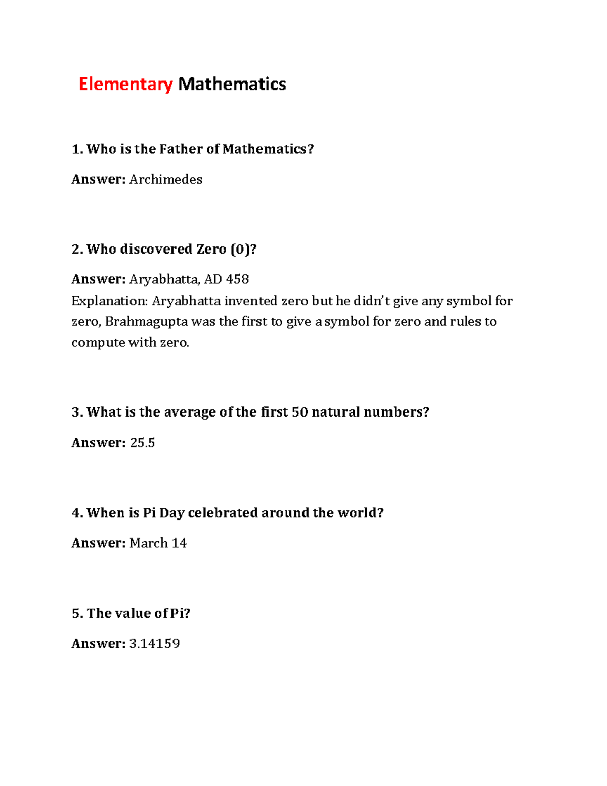 Elementary Mathematics notes 1 - Elementary Mathematics 1. Who is the ...