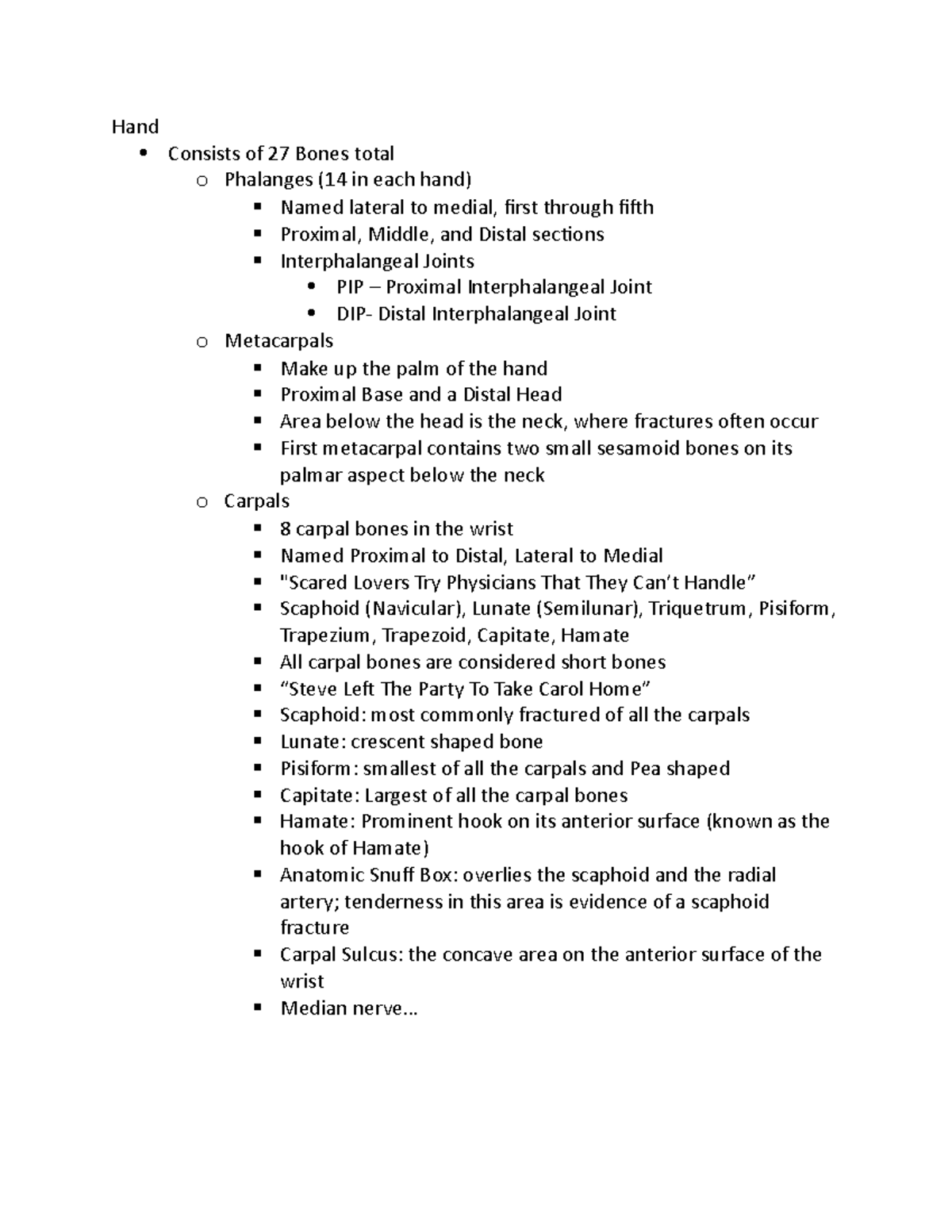 Procedures-Upper Extremity - Hand Consists of 27 Bones total o ...