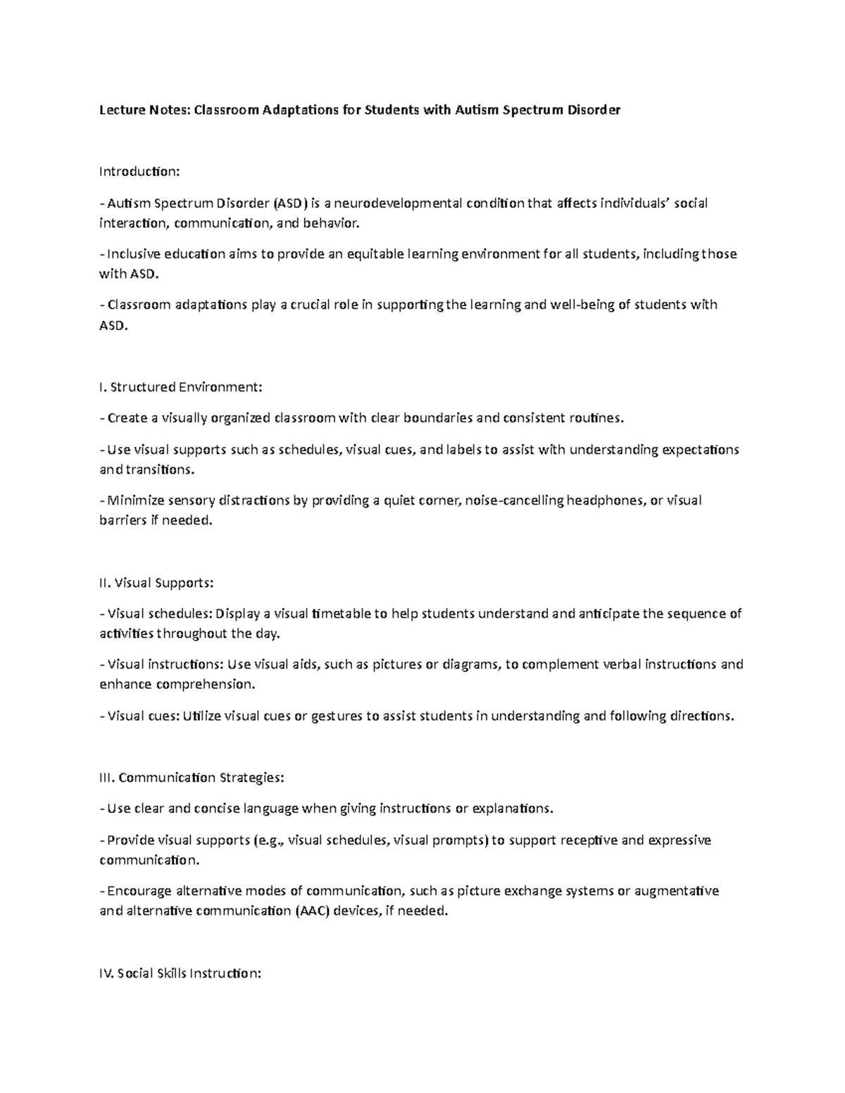 Lecture Notes: Classroom Adaptations for Students with Autism Spectrum ...
