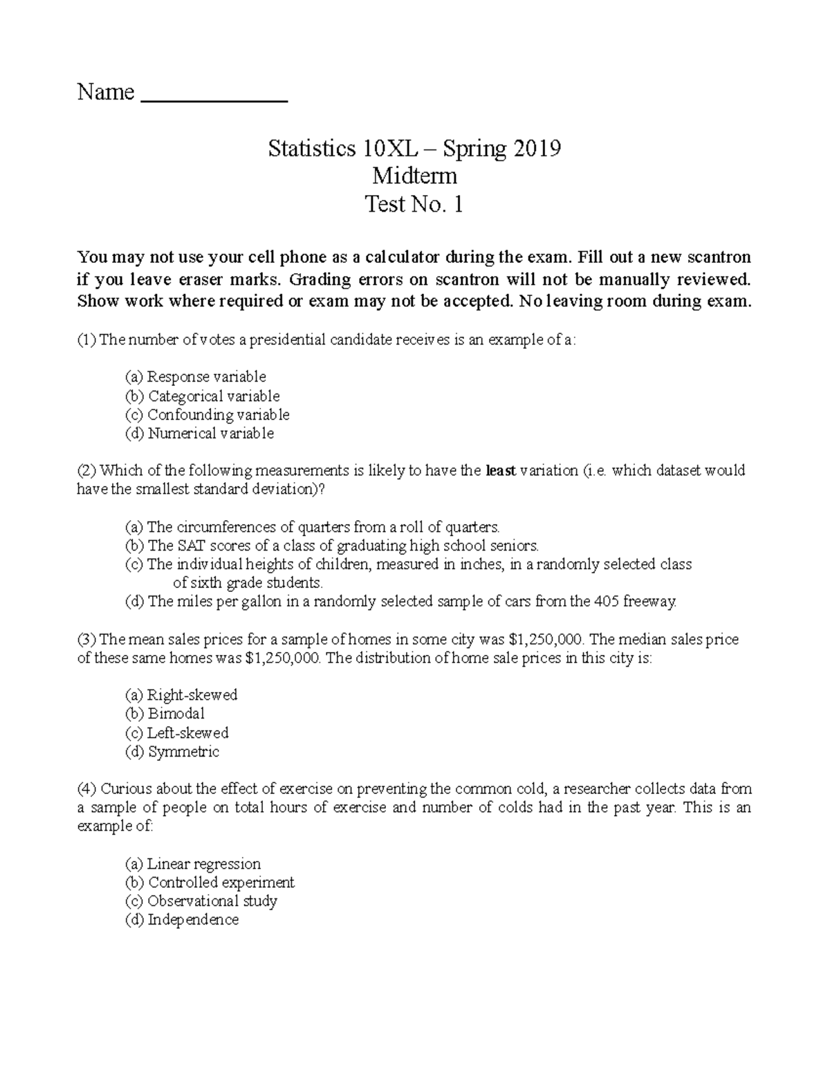 Midterm exam practice - Name Statistics 10XL – Spring 2019 Midterm Test ...