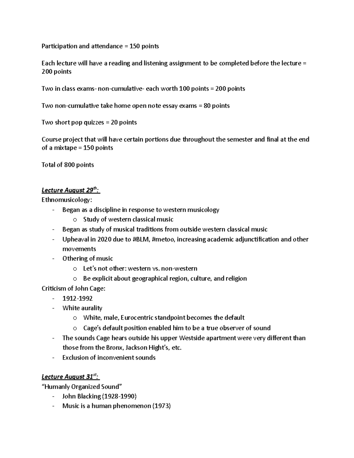 Intro to world music notes - Participation and attendance = 150 points ...