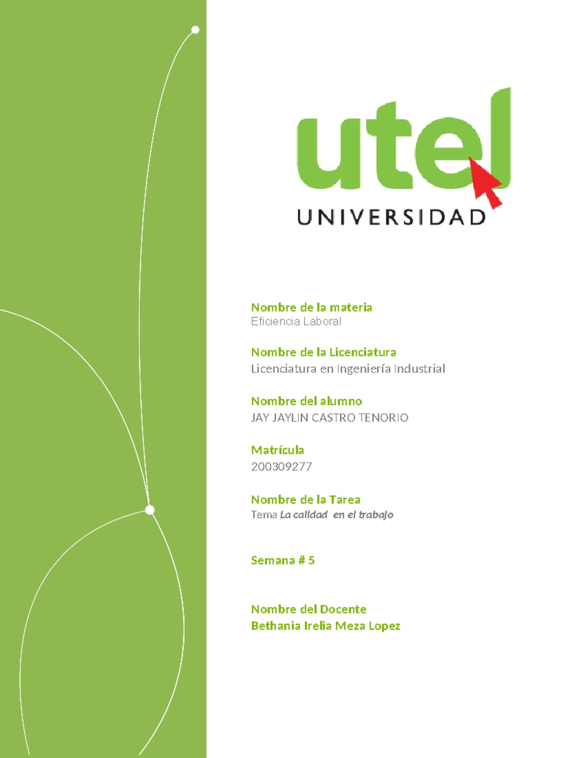 Tarea Semana 5 efeciencia laboral tema la calidad en el trabajo JANY ...