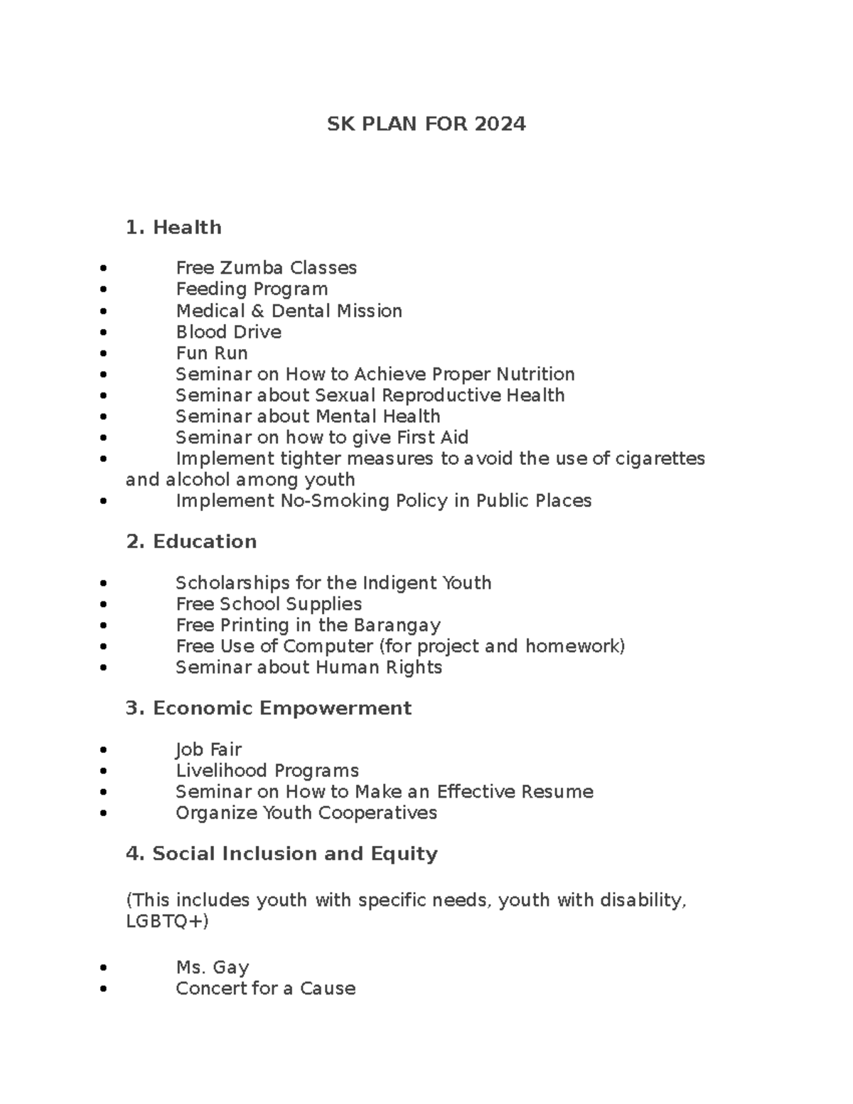 Sk plan for 2024 - SK PLAN FOR 2024 1. Health Free Zumba Classes ...