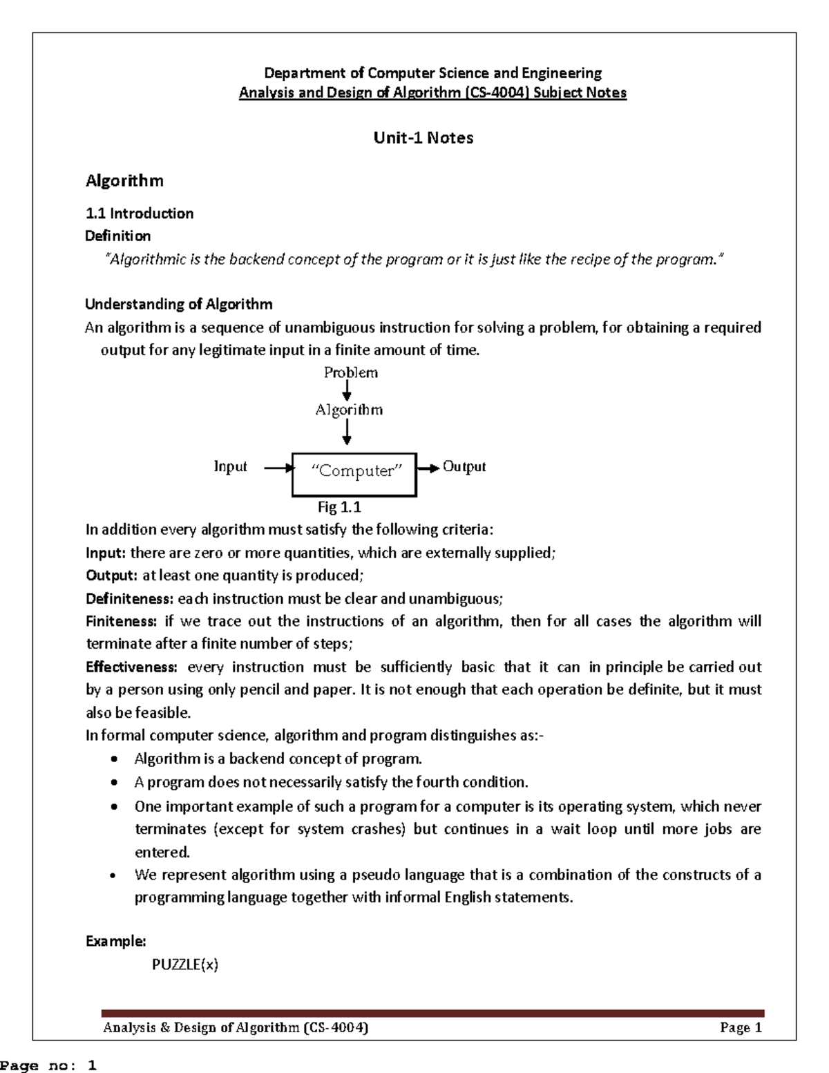 Notes Analysis And Design Of Algorithms Unit 1 Department Of Computer