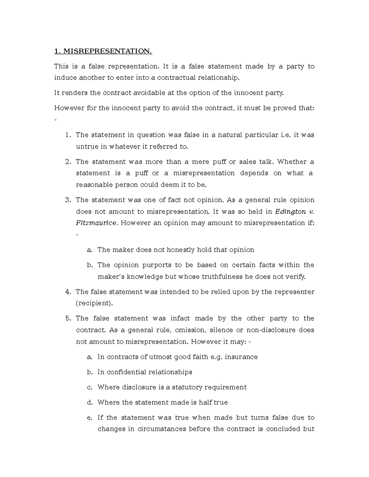 Contrsacts notes 2 - 1. MISREPRESENTATION. This is a false ...