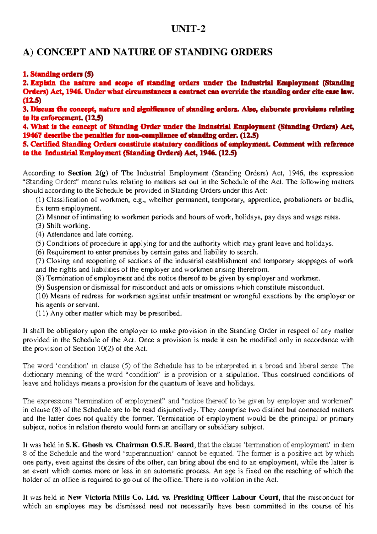 Labour LAW UNIT 2 - STANDING ORDERS ACT - UNIT- 2 A) CONCEPT AND NATURE ...