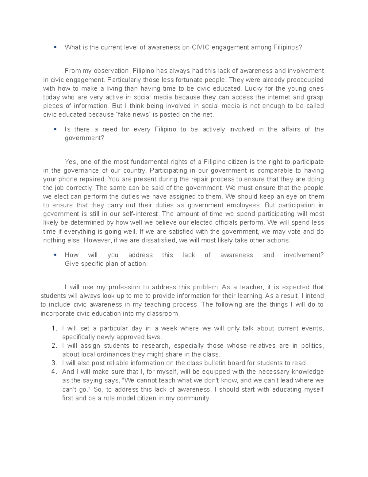 Civic education - Work assignments. - What is the current level of ...