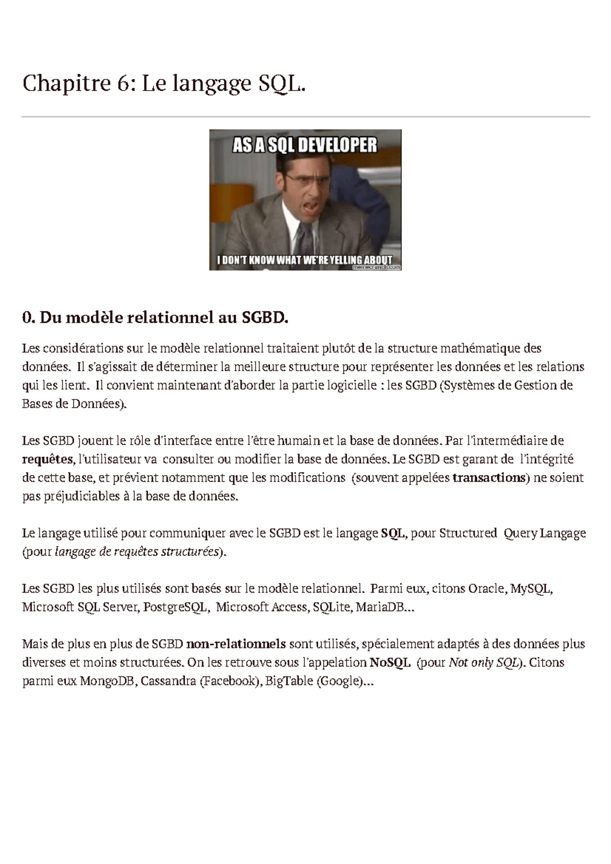 Chapitre 6 SQL - Chapitre 6: Le langage SQL. 0. Du modèle relationnel ...