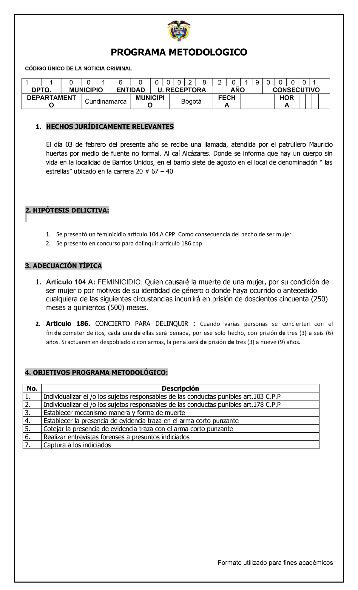 453550170 1 Formato Programa Metodologico casuistica docx - PROGRAMA METODOLOGICO CÓDIGO ÚNICO ...