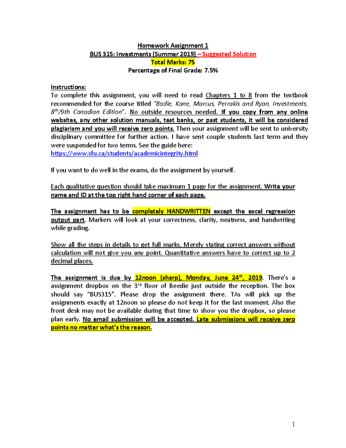 Homework Assignment 1 - Solution - Homework Assignment 1 BUS 315 ...