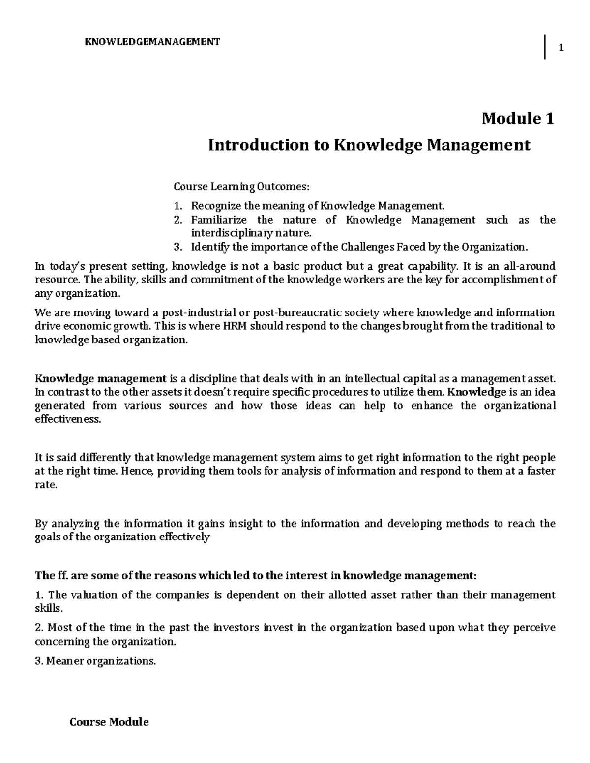W1 Introduction to Knowledge Management - KNOWLEDGEMANAGEMENT 1 Course ...