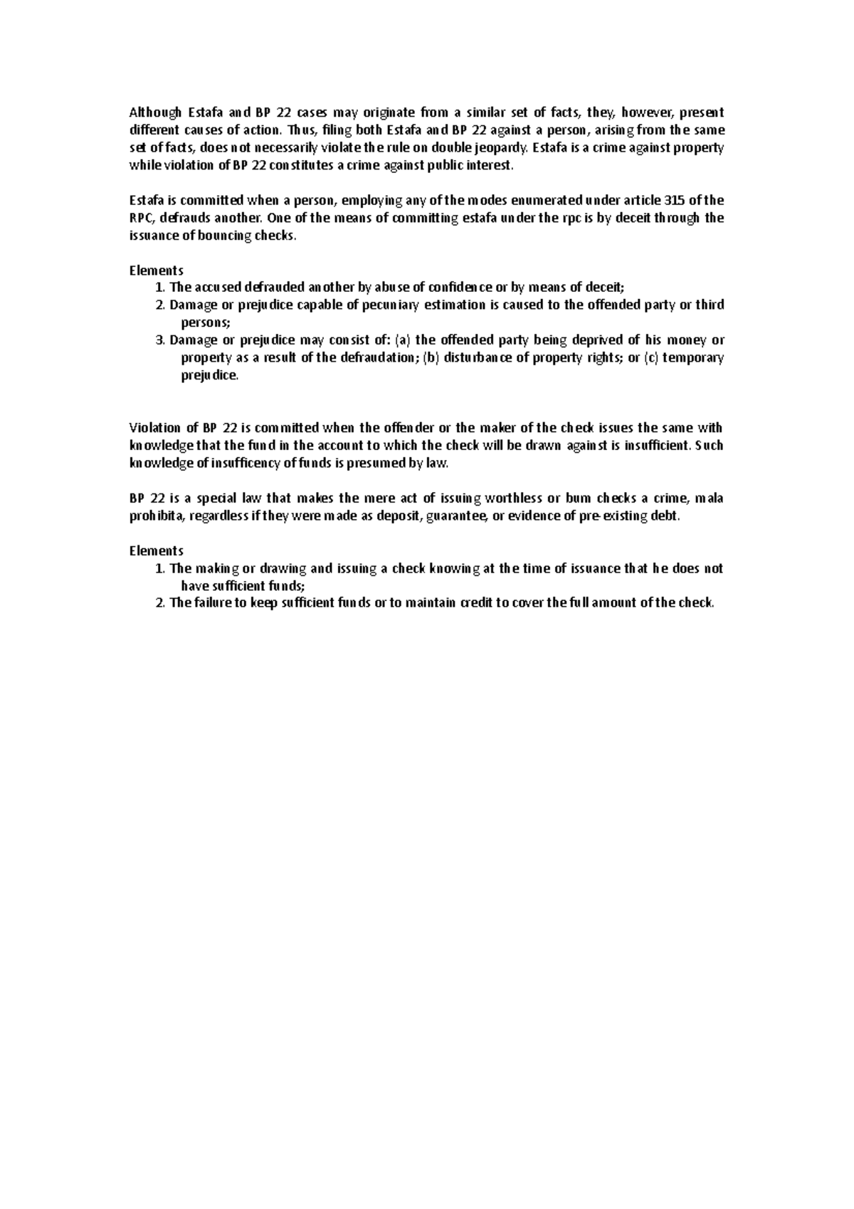 Estafa v. BP22 - Salient provisions - Although Estafa and BP 22 cases ...