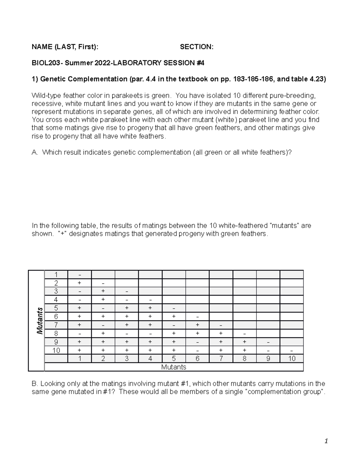 Exercise 04 - NAME (LAST, First): SECTION: BIOL203- Summer 2022 ...