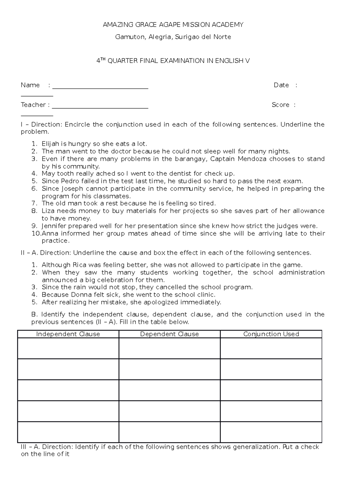 4th Quarter Final Exam Questionnaire - Grade 5 - AMAZING GRACE AGAPE ...