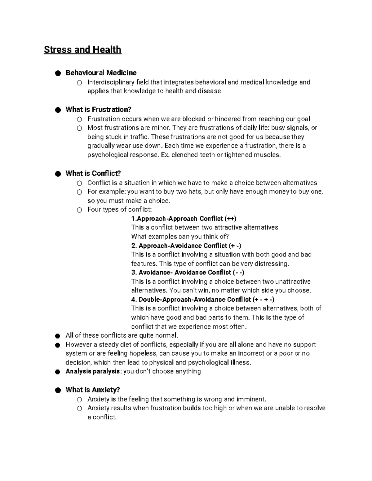 Stress and Health - Summary Psychology - Stress and Health Behavioural ...