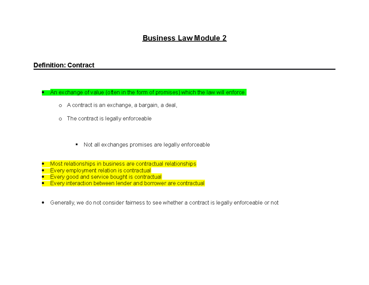 Real Business Law Module 2 - Business Law Module 2 Definition: Contract ...
