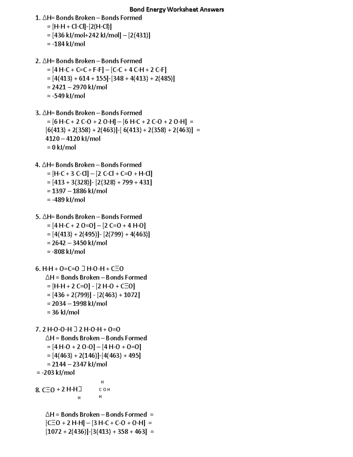 Ak bond energy chemistry worksheet 16 2 2 - Bond Energy Worksheet ...