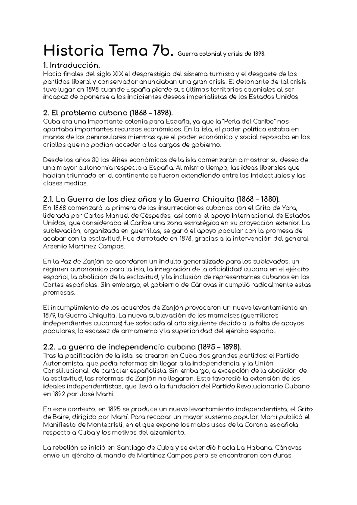 Historia Tema 7b - Selectividad - Historia Tema 7b. Guerra colonial y crisis de 1898. 1. - Studocu