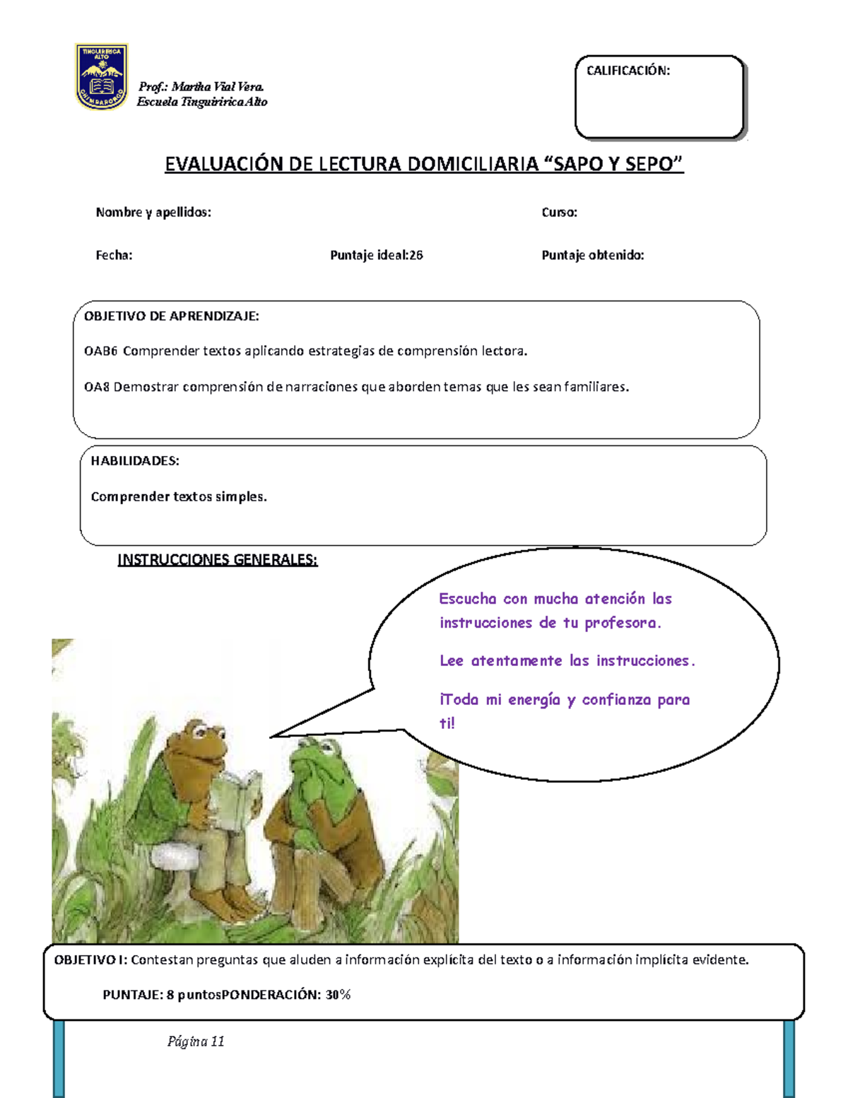 Prueba de Comprensión de Sapo y Sepo - ####### Prof.: Martha Vial Vera ...