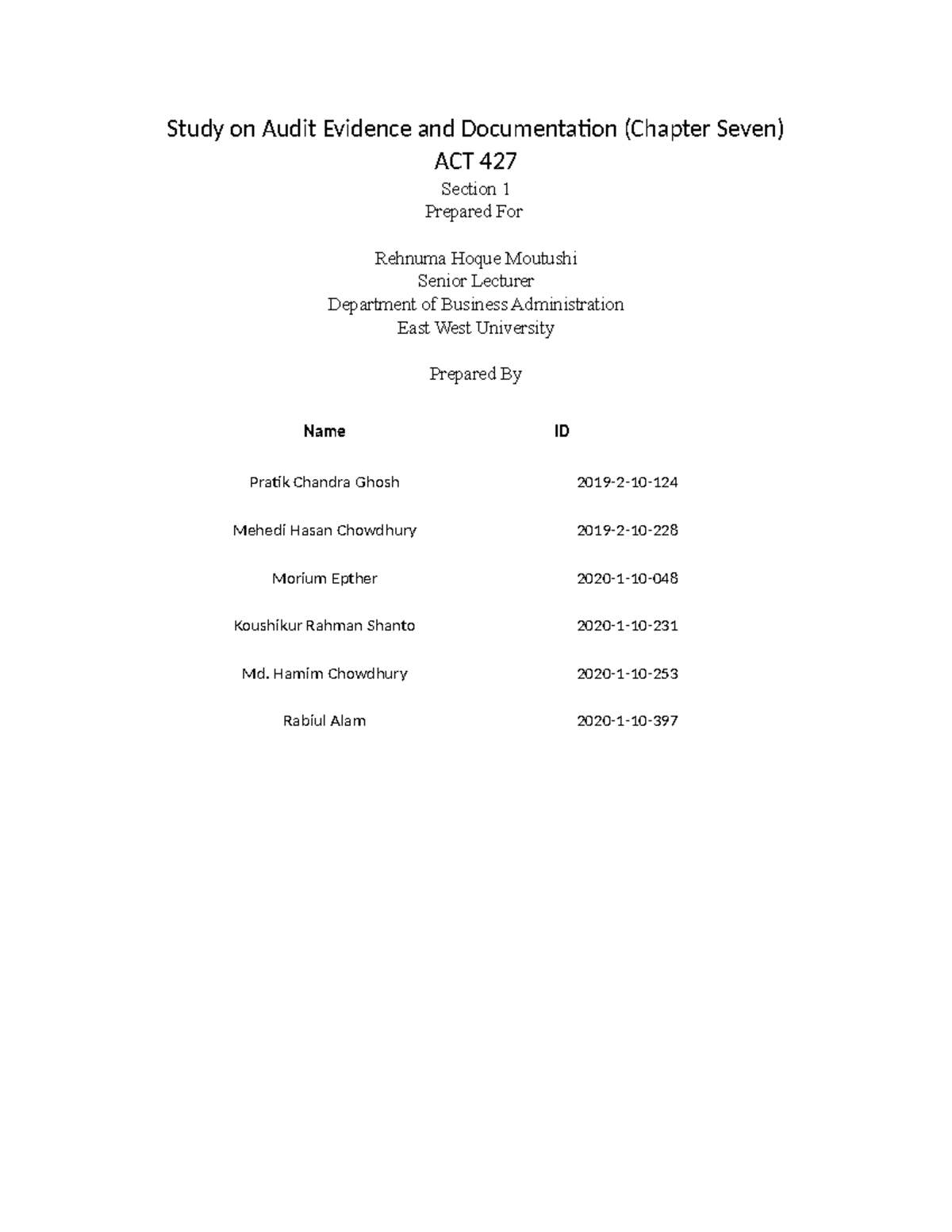 ACT 427 Term Paper - Assignment on Auditing - Study on Audit Evidence ...