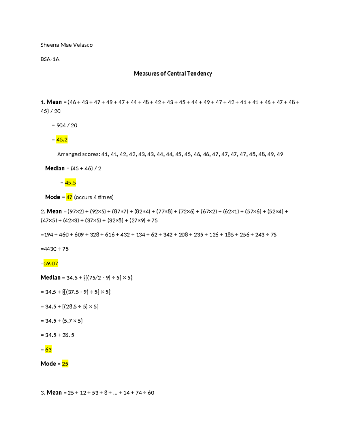 Central Tendency - Assignment - Sheena Mae Velasco BSA-1A Measures of ...