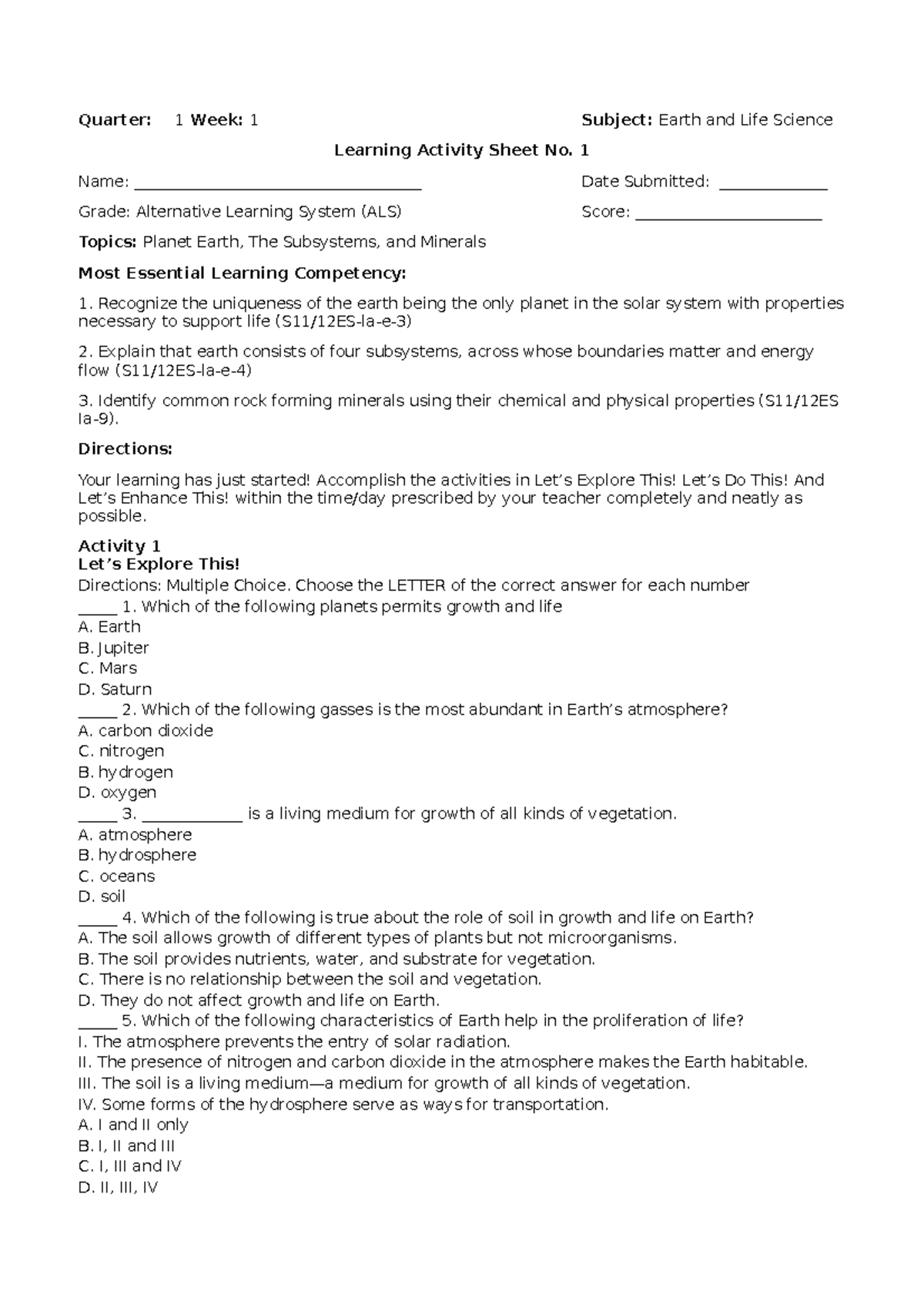 Learning Activity Sheet No. 1 ELS-KEY - Quarter: 1 Week: 1 Subject ...