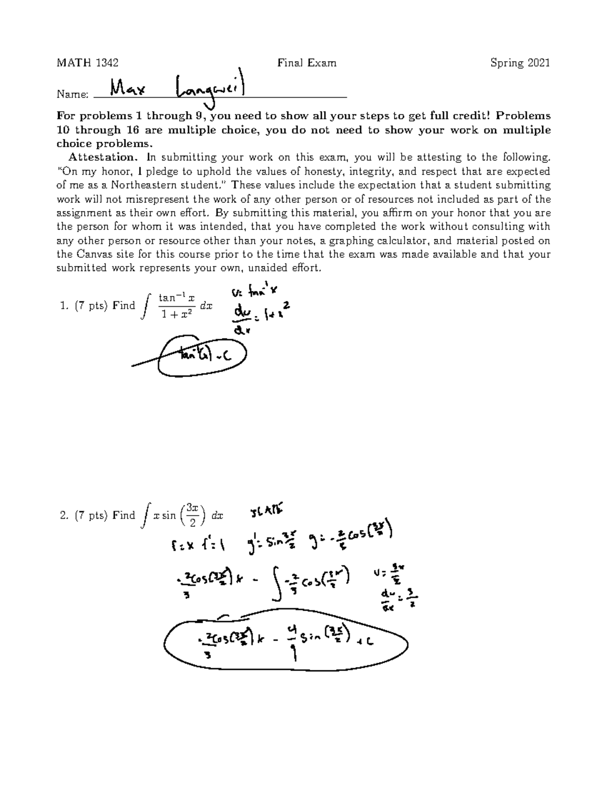 1342 Final Spring 2021 - MATH 1342 Final Exam Spring 2021 Name: For ...