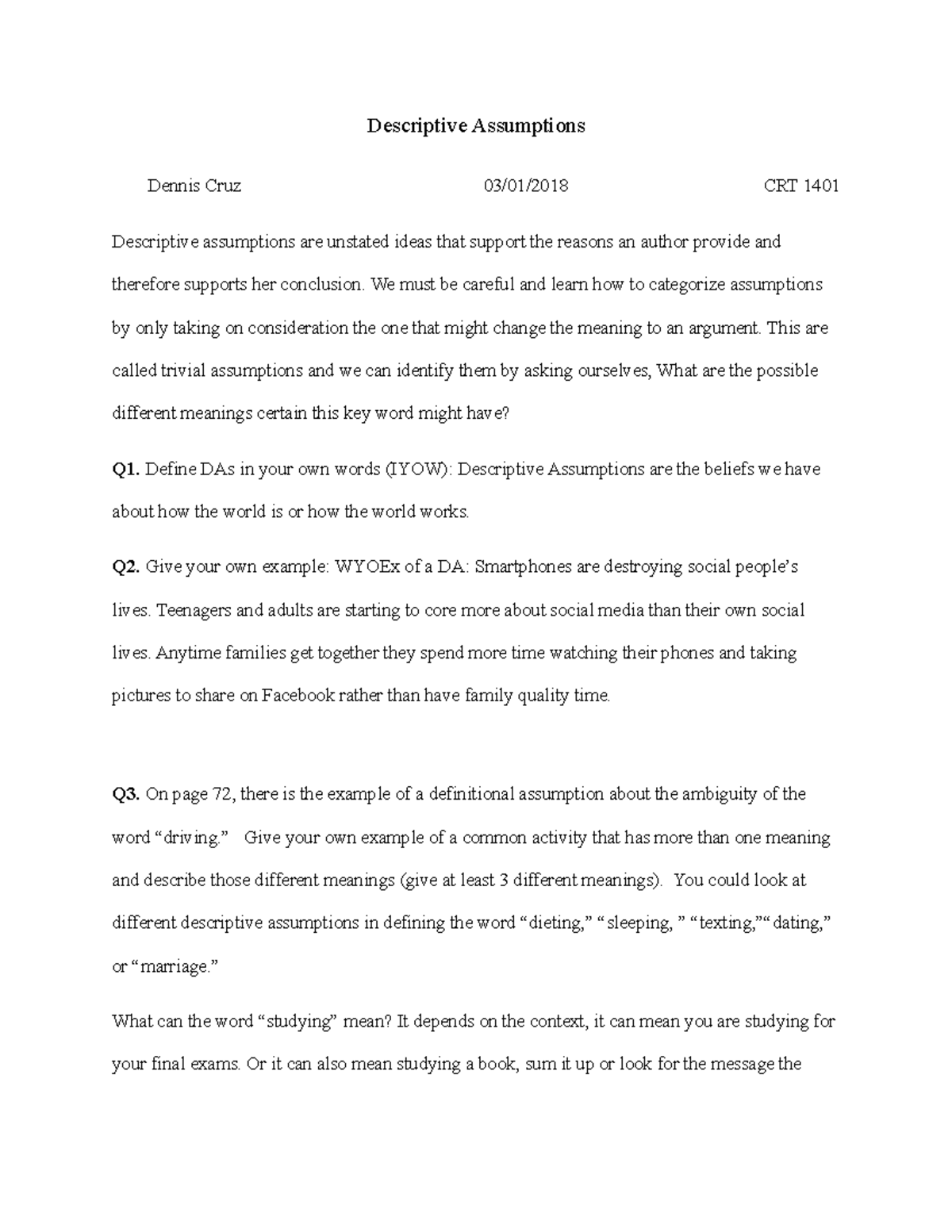 Descriptive Assumptions - Descriptive Assumptions Dennis Cruz 03/01 ...