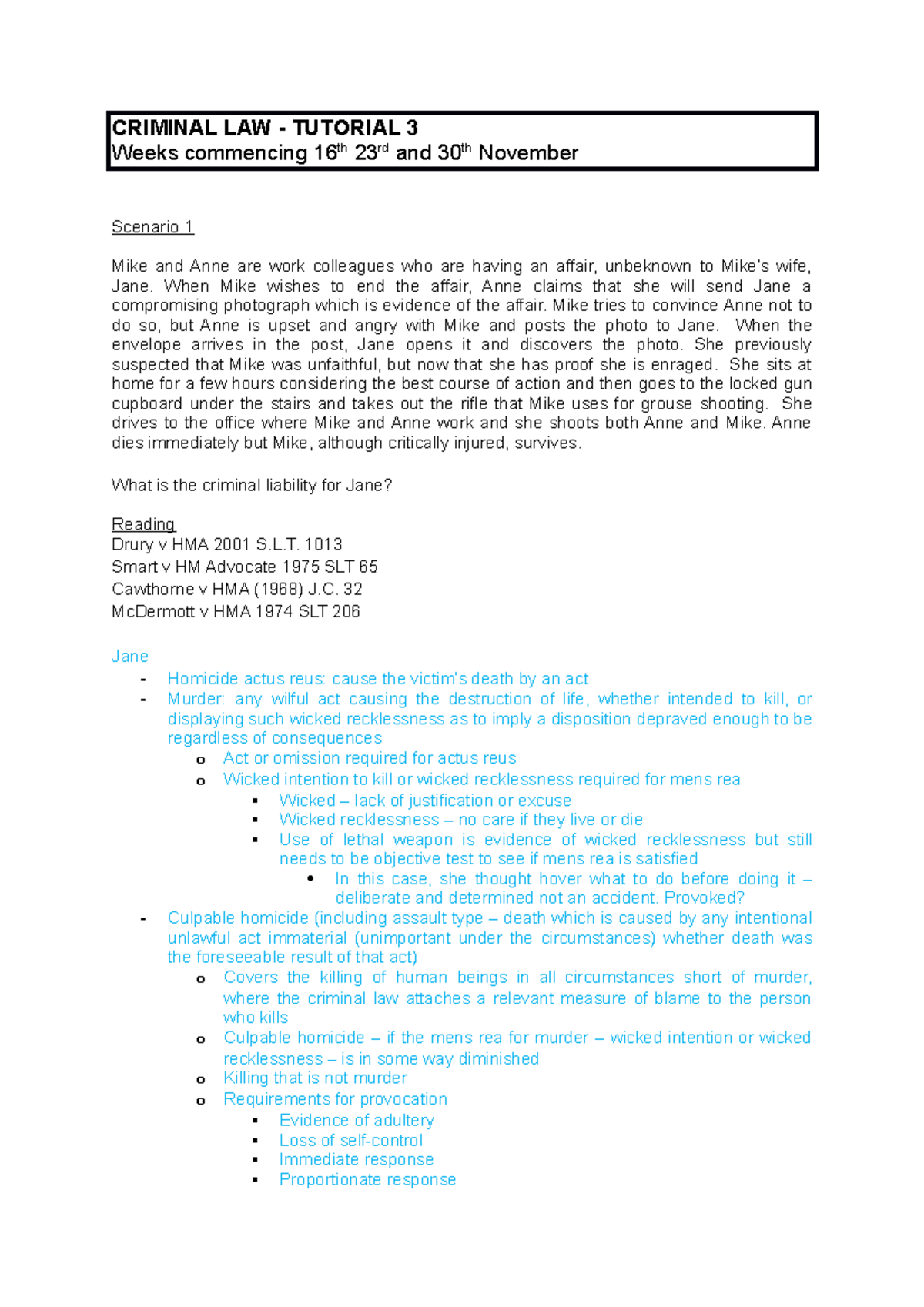 Criminal Law Tutorial 3 - CRIMINAL LAW - TUTORIAL 3 Weeks commencing ...