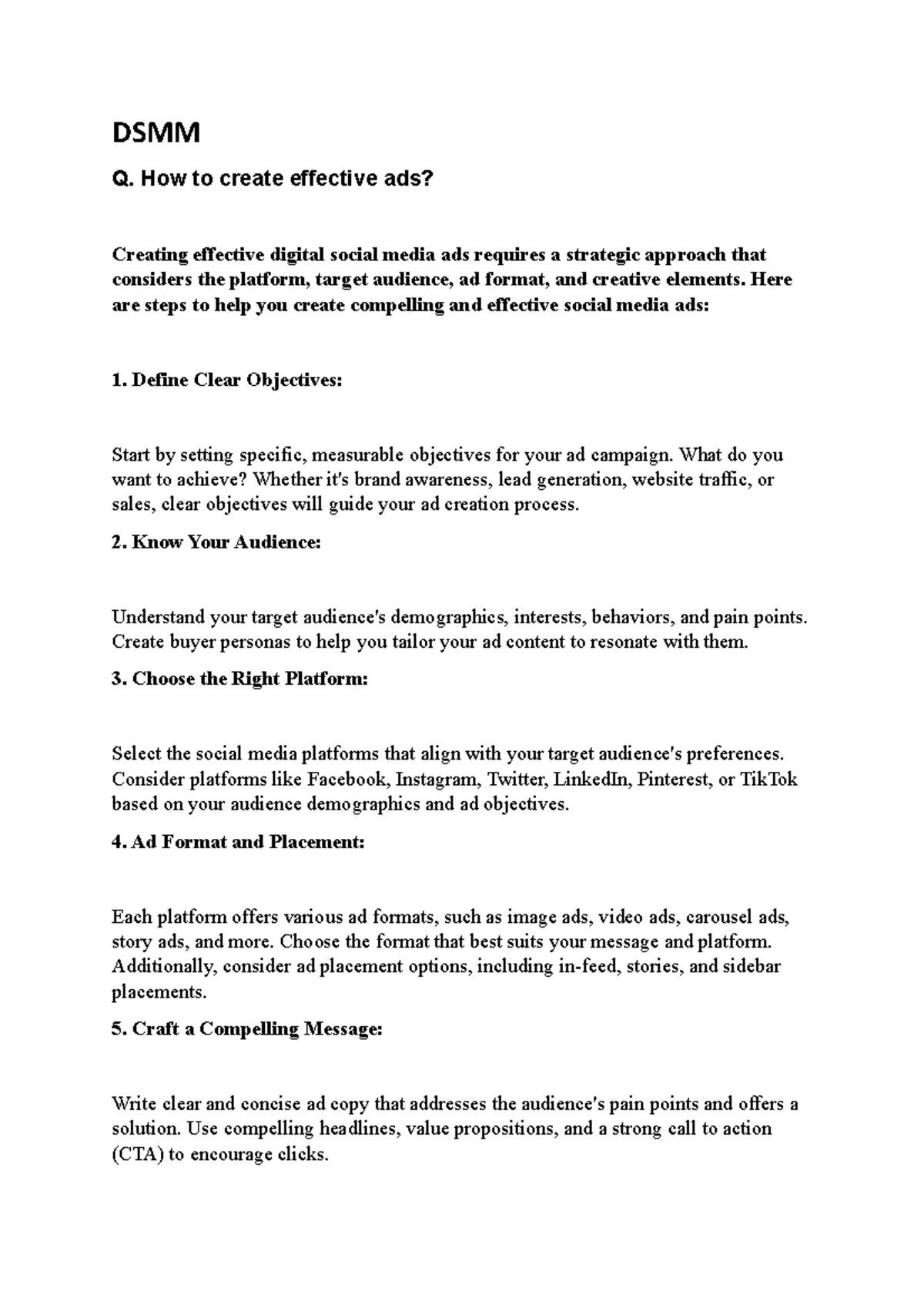 DSMM - DSMM - DSMM Q. How to create effective ads? Creating effective digital social media ads ...