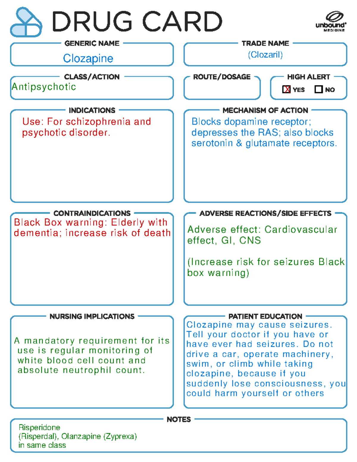 Drug Card Clozapine - Drug Card - ALHS 1550 - Studocu