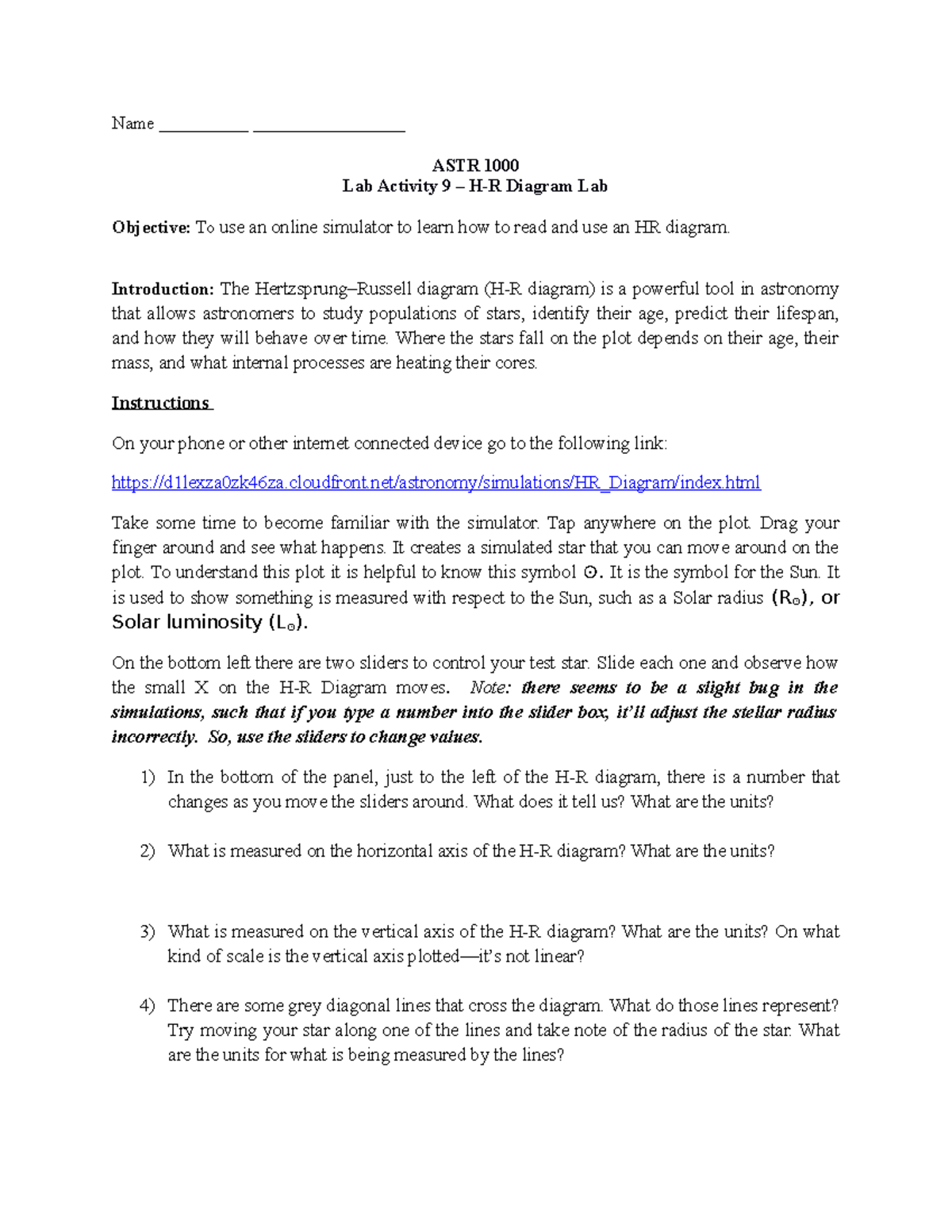 Lab9 HR Diagram Lab - Lab document to practice on - Name __________ _________________ ASTR 1000 ...