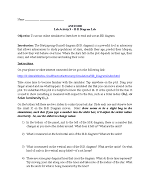 Lab9 HR Diagram Lab key - Answers to lab - Name key (53 pnts)_____ ASTR 1000 Lab Activity 9 – H ...