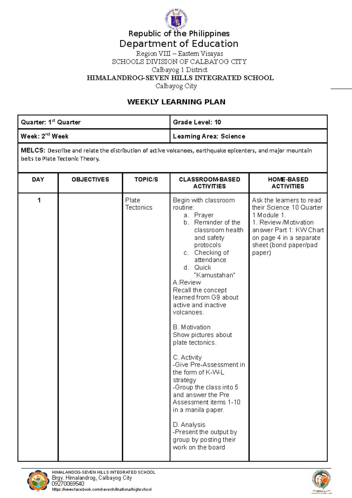 Grade 8 - Weekly Learning Plan Week 1 Science 10 - HIMALANDOG-SEVEN ...