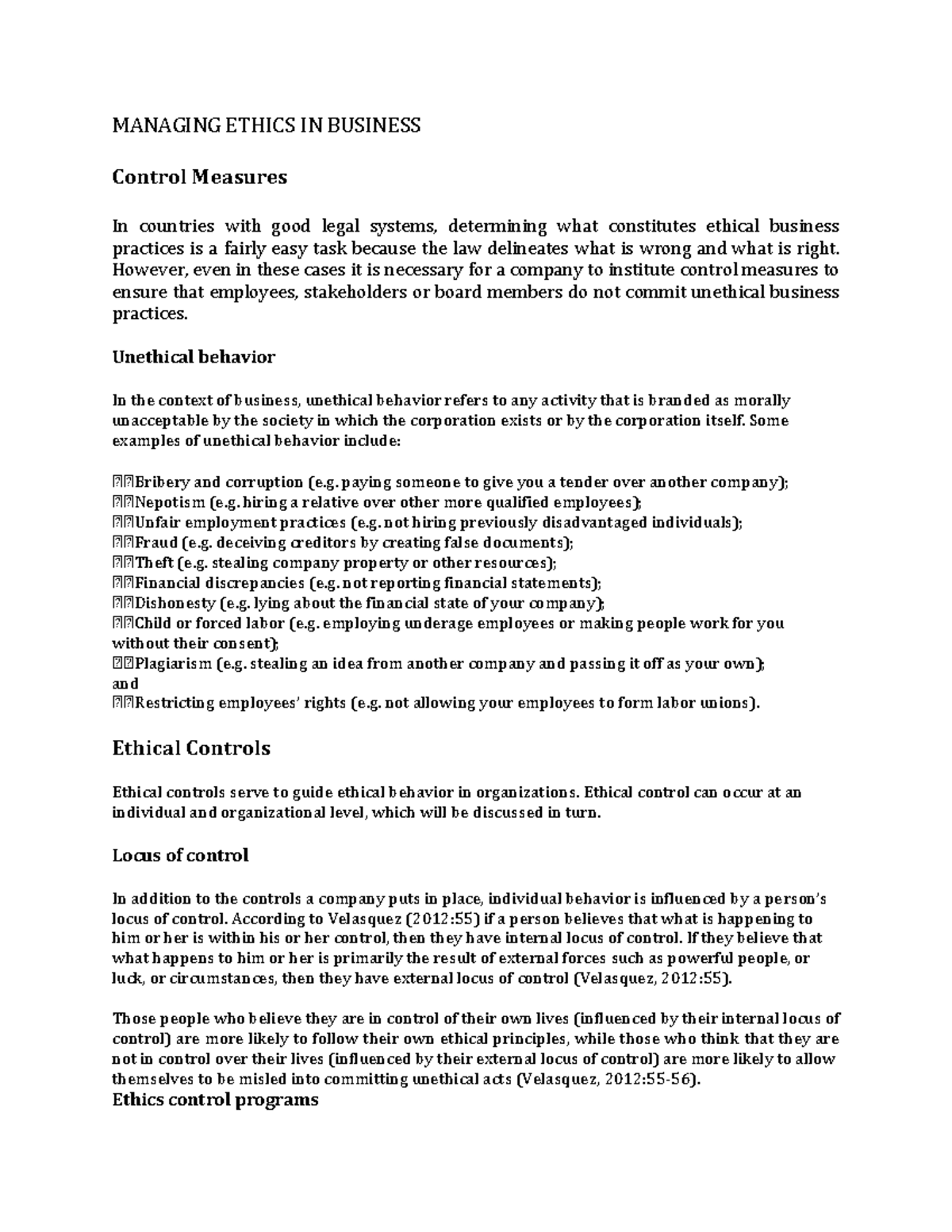 Managing Ethics in Business - MANAGING ETHICS IN BUSINESS Control ...
