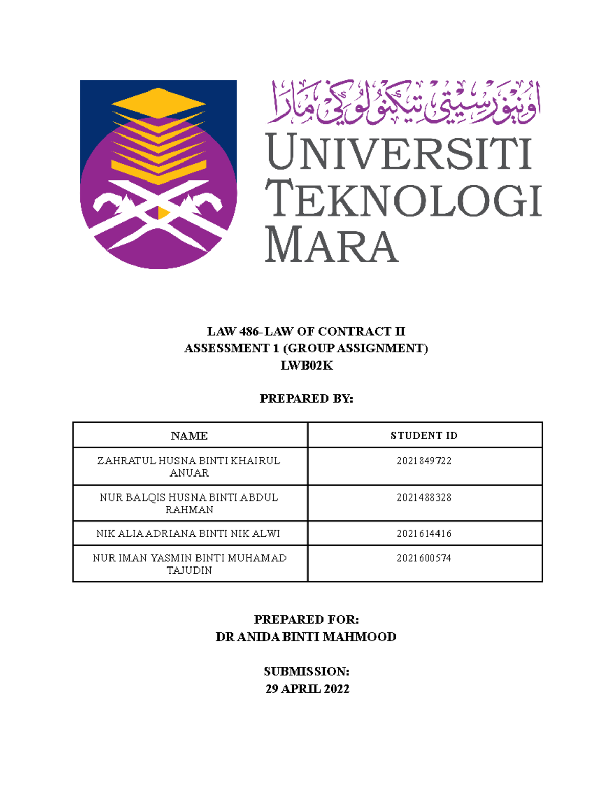 LAW 486 Assignment - Hkgffhgkcghkghcghchgkc - LAW 486-LAW OF CONTRACT II ASSESSMENT 1 (GROUP ...