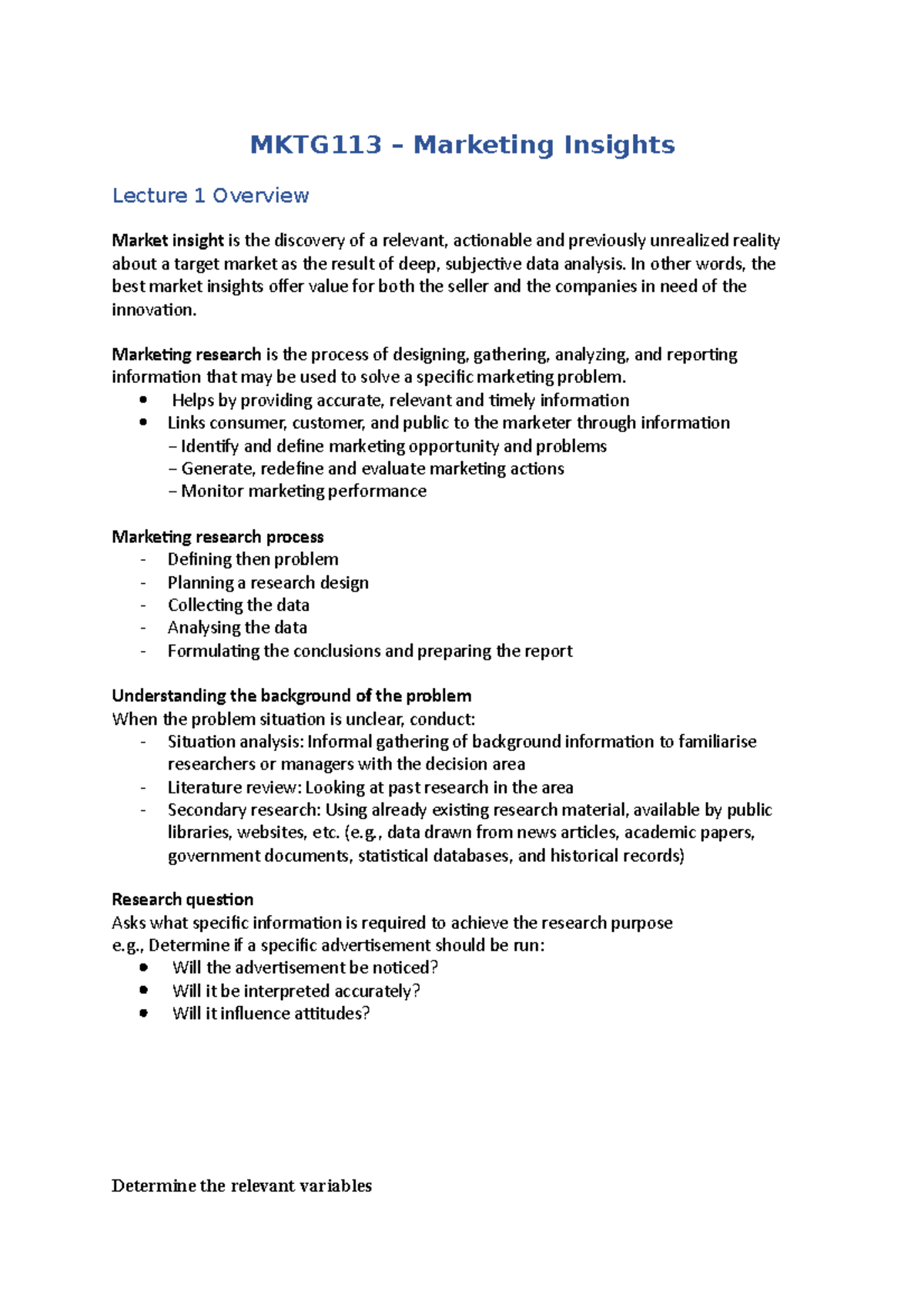 Lec notes - MKTG113 – Marketing Insights Lecture 1 Overview Market ...