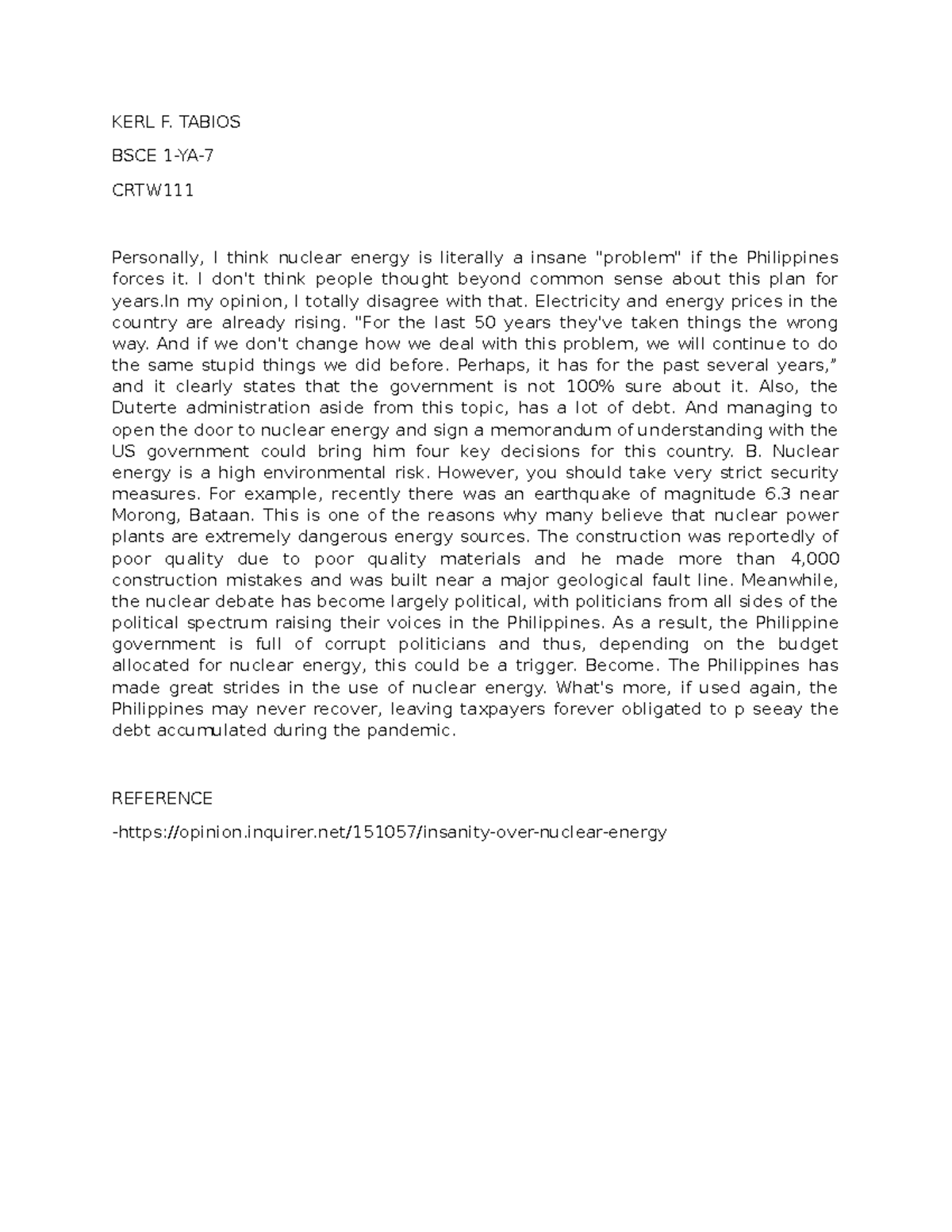 CRTW - Tabios - assignment - KERL F. TABIOS BSCE 1-YA- CRTW Personally ...