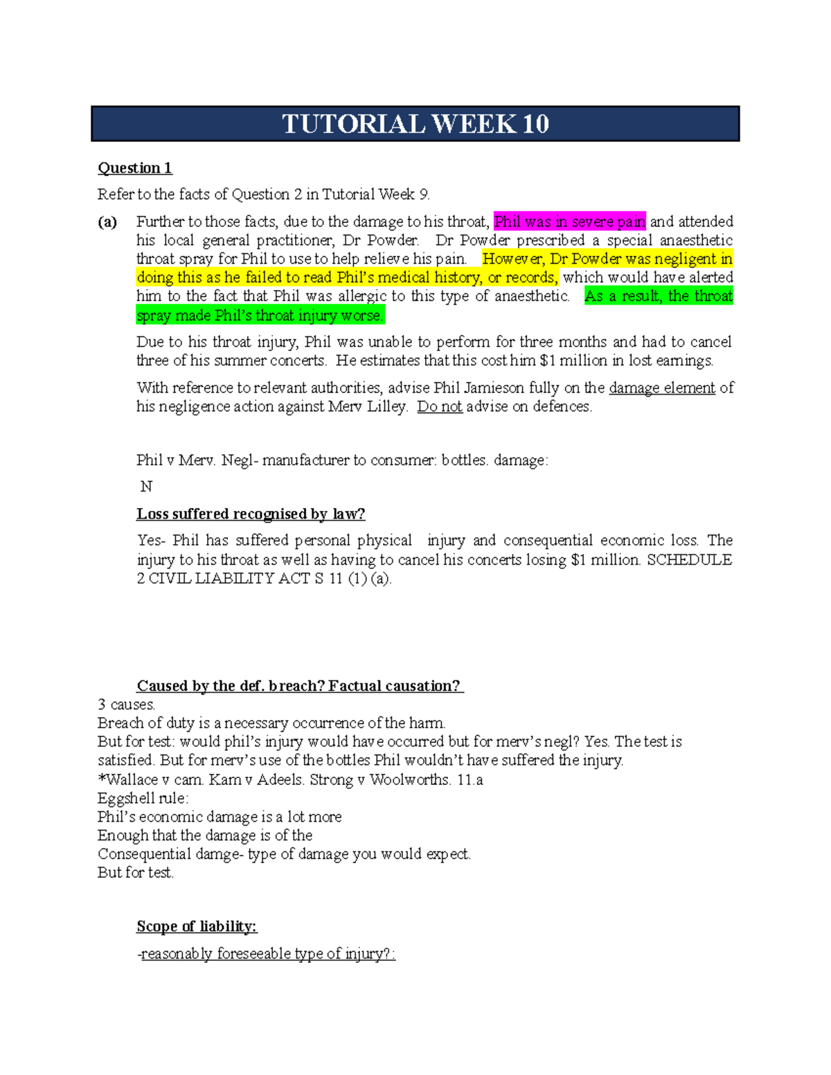 Tutorial WEEK 10[2490] - TUTORIAL WEEK 10 Question 1 Refer to the facts ...