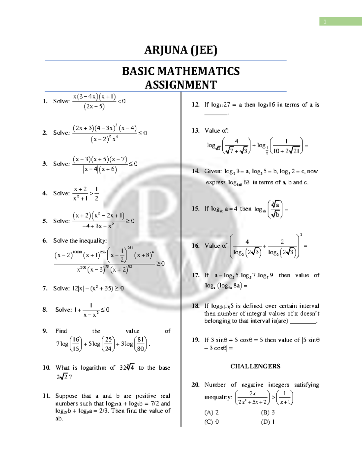 Basic Mathematics Assignment 01 - 1 ARJUNA (JEE) BASIC MATHEMATICS ...